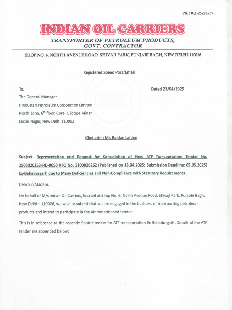 Representation - HPCL ATF Tender No 5100020262 - by IOC | PDF | Transport