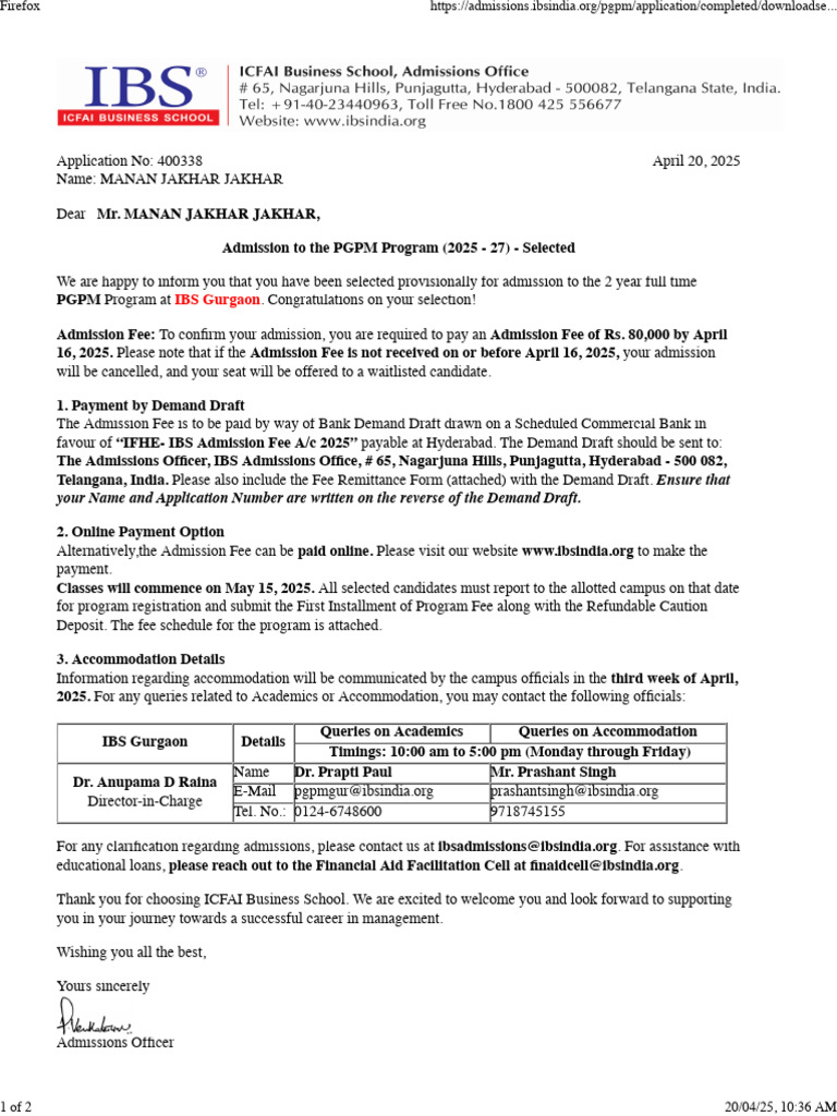 Ibs Selection Letter | PDF