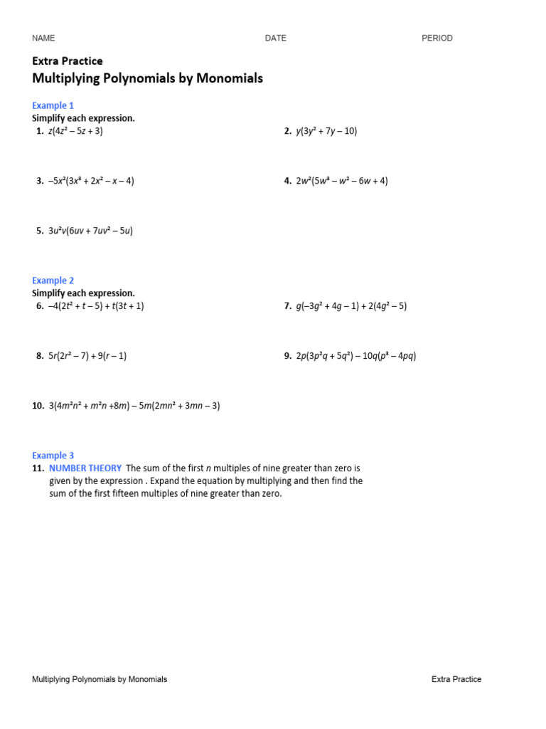 Multiplying Polynomials by Monomials - Extra Practice | PDF