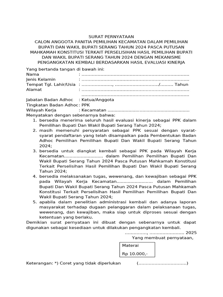Surat Pernyataan PPK dan PPS 2024 | PDF