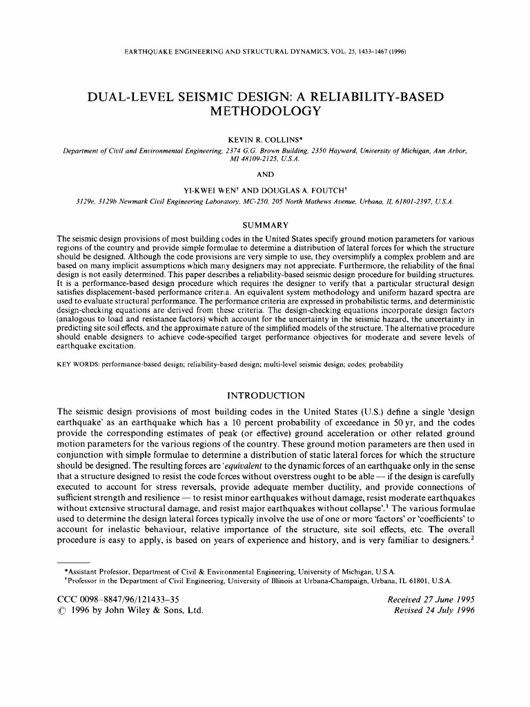 Collins (1996) - DUAL‐LEVEL SEISMIC DESIGN A RELIABILITY‐BASED METHODOLOGY | PDF | Earthquakes ...
