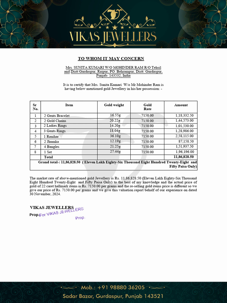 Gold Jewellery Valuation Certificate | PDF
