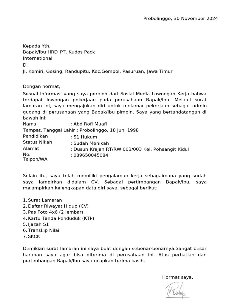 Surat Lamaran Rofi Word | PDF