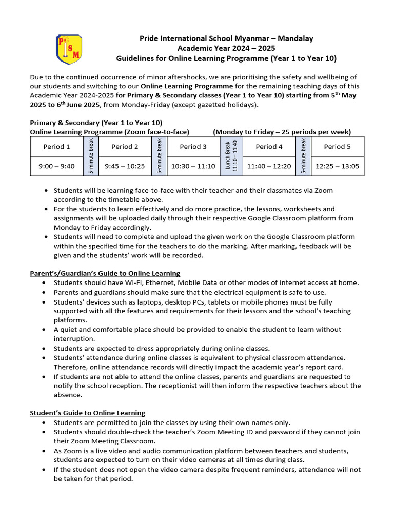 Pride International School Myanmar - Mandalay Academic Year 2024 - 2025 ...