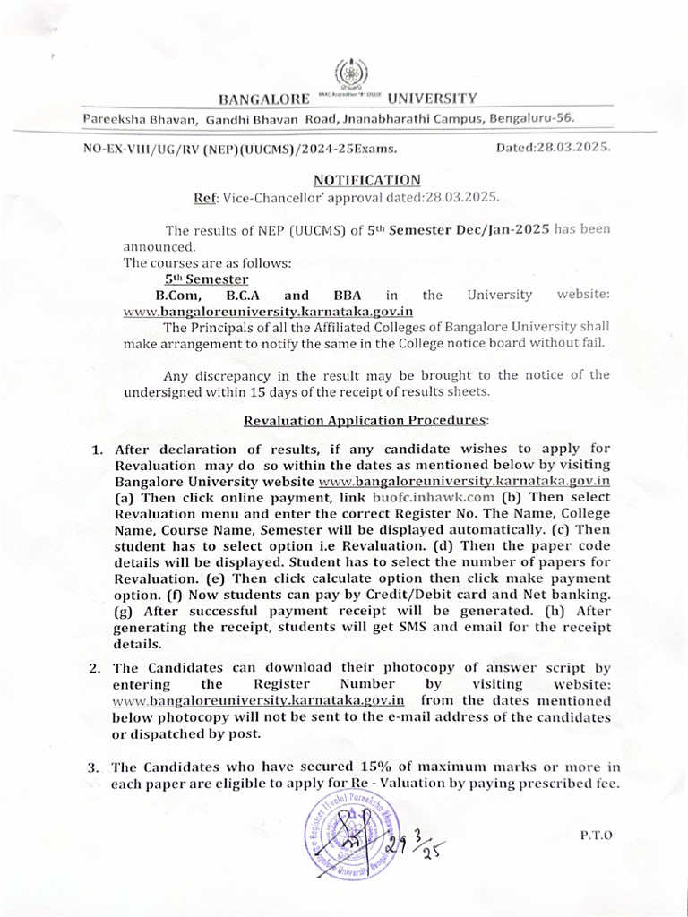 UG - Reval - Fee - Notfcn - BCA BBA BCOM - 5thsem - UUCMS | PDF