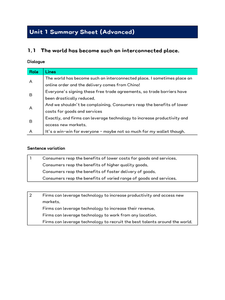 Unit 1 Summary Sheet (Advanced) | PDF | Globalization | Economics