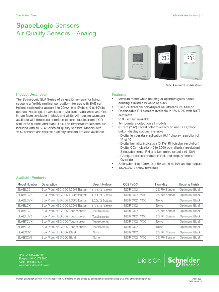 Spacelogic Sla Series Air Quality Sensors - Analog Specification Sheet | PDF | Touchscreen ...