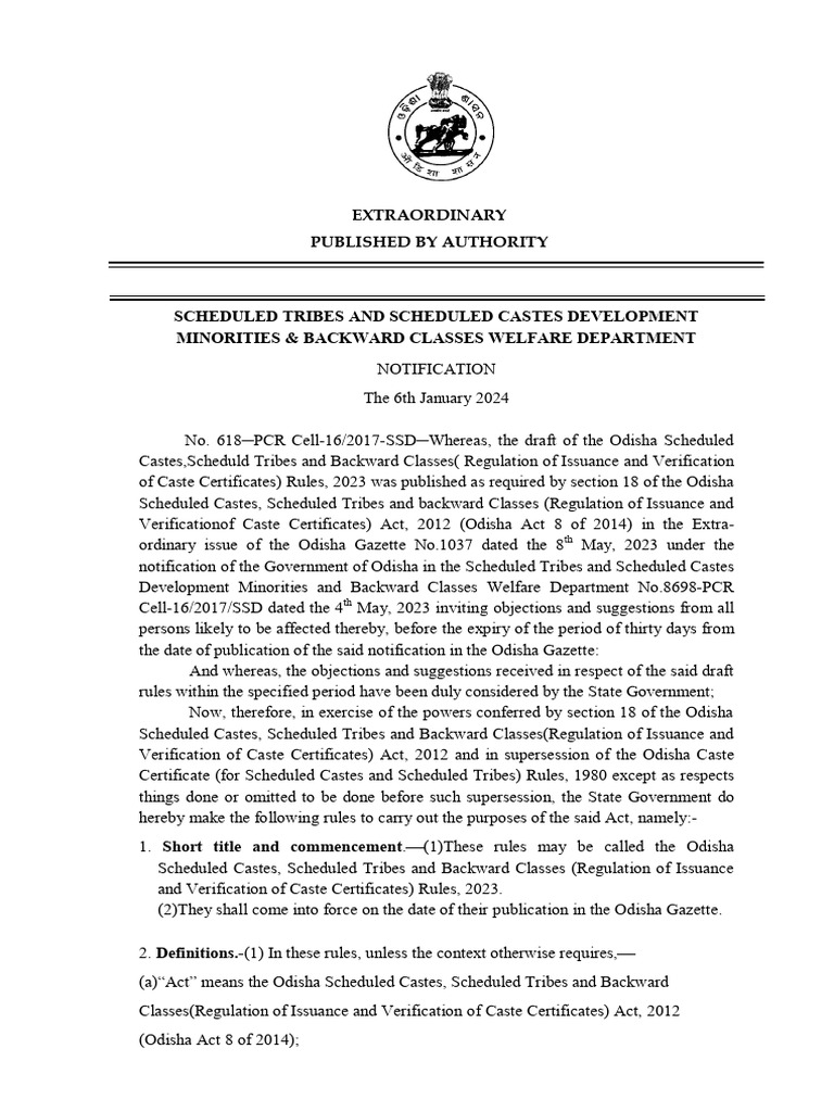 Odisha Caste Certificate Rules 2023 | PDF