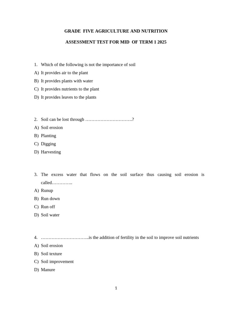 Grade Five Agriculture and Nutrition | PDF | Soil | Mulch
