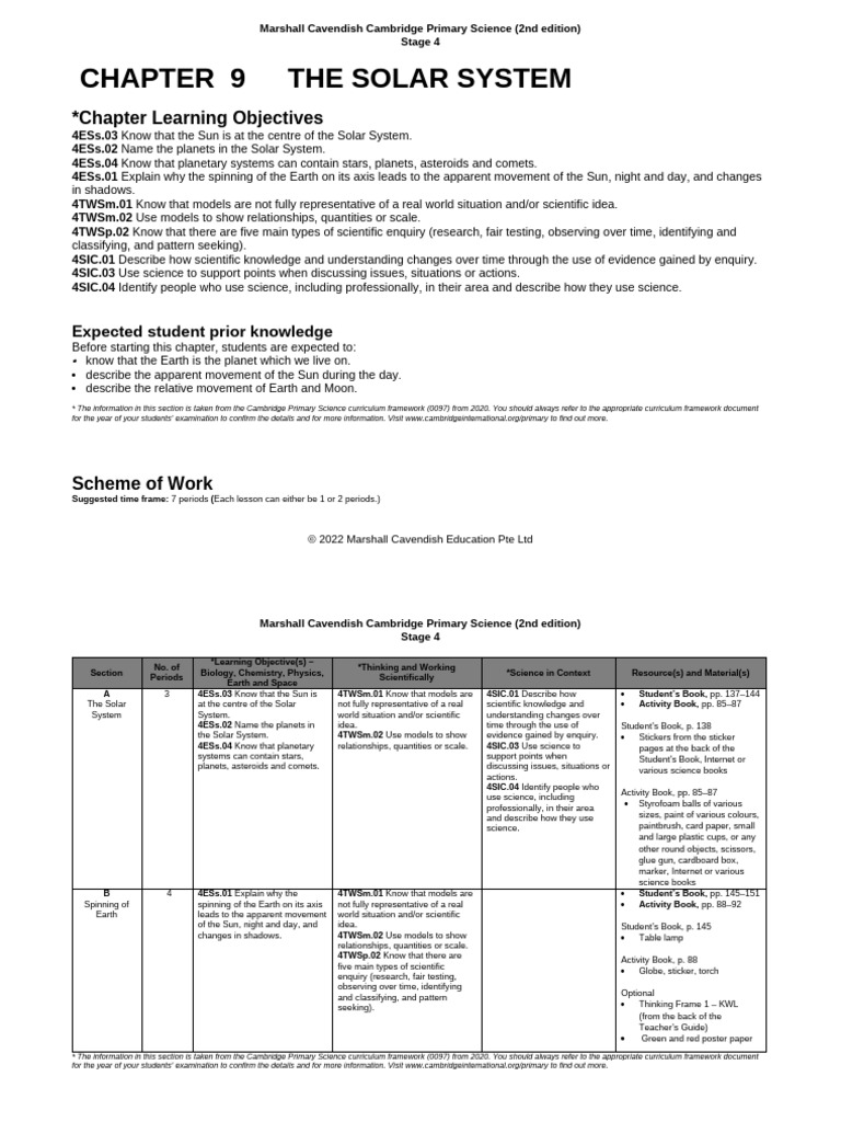 MCE Cambridge Primary Science 2E Stage4 SOW and LP C09 | PDF | Solar ...