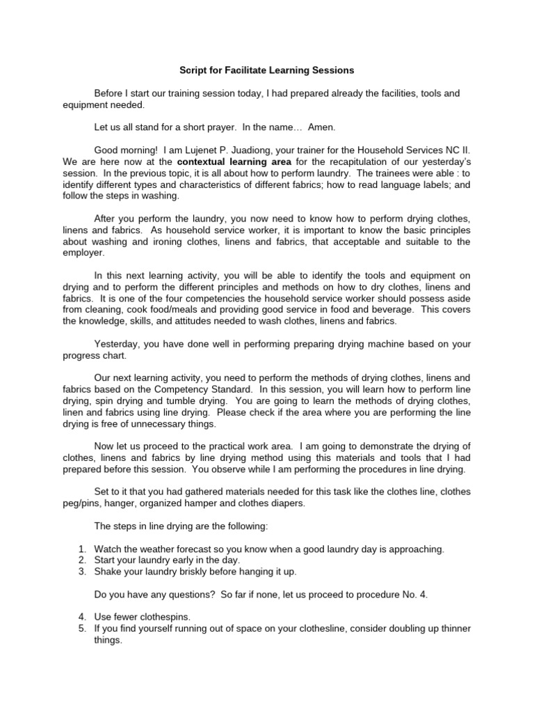 Script For Facilitate Learning Sessions Revised 2018 | PDF | Linens | Laundry