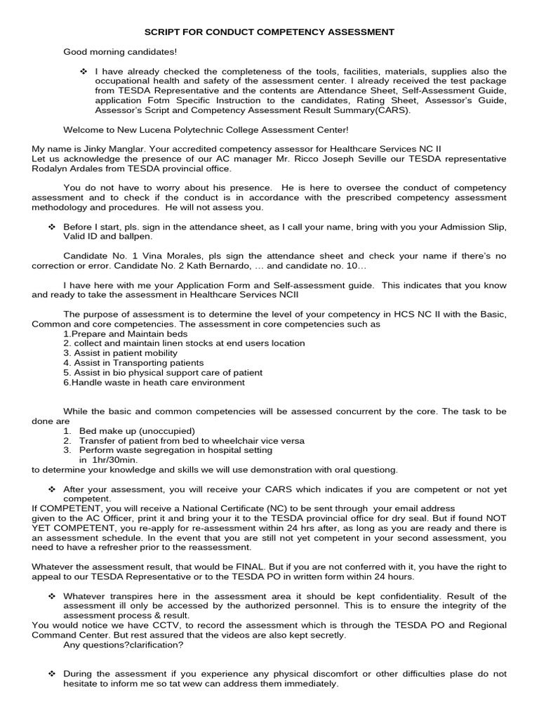 Script For Conduct Competency Assessment Revised 2018 | PDF | Learning