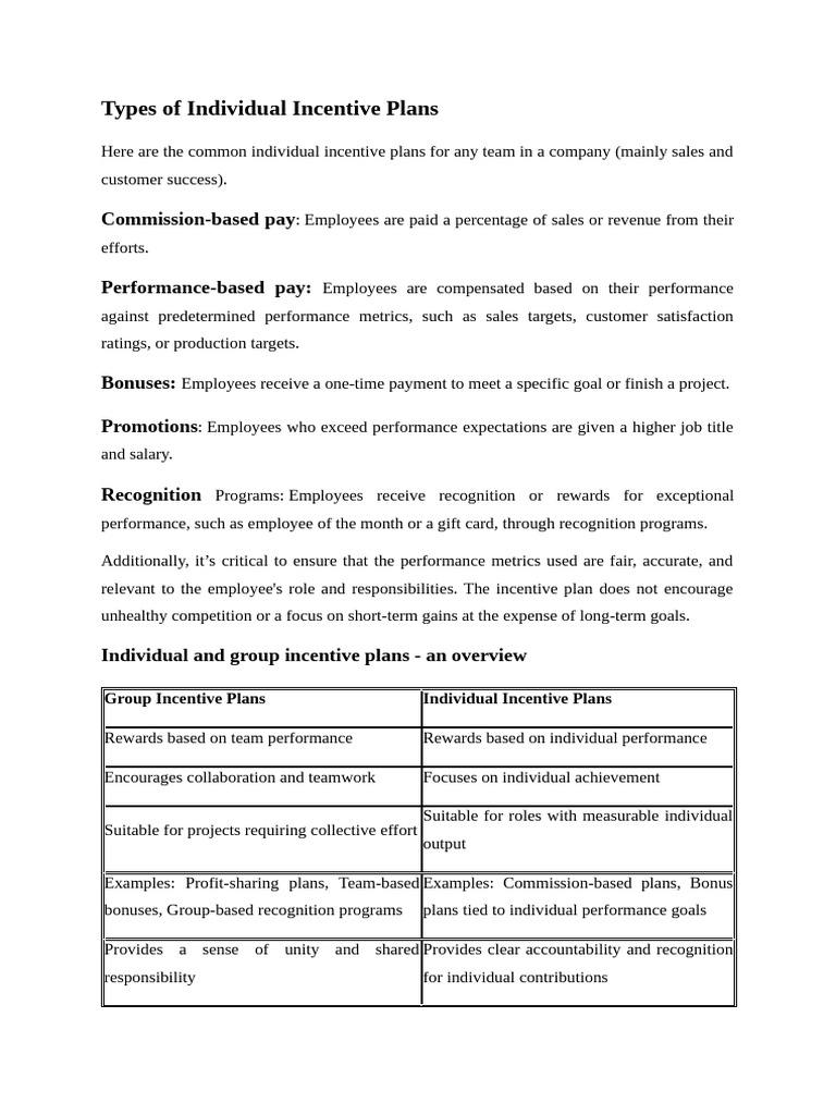 Types of individual incentive plans | PDF | Incentive | Employee Retention