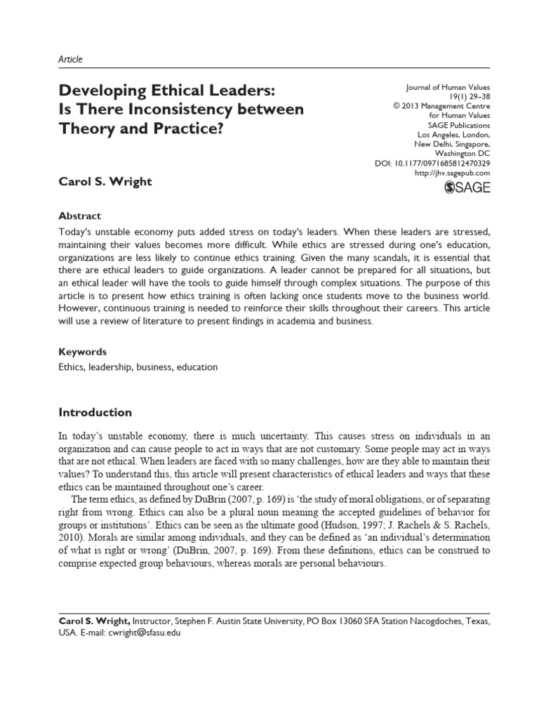 Developing Ethical Leaders is There Inconsistency Between Theory and ...
