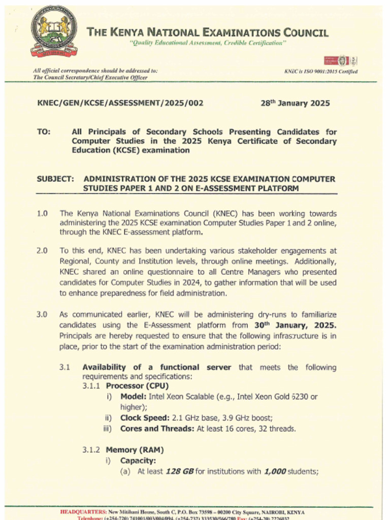 ADMINISTRATION OF THE 2025 KCSE EXAMINATION COMPUTER STUDIES PAPER 1 AND 2 ON E-ASSESSMENT ...