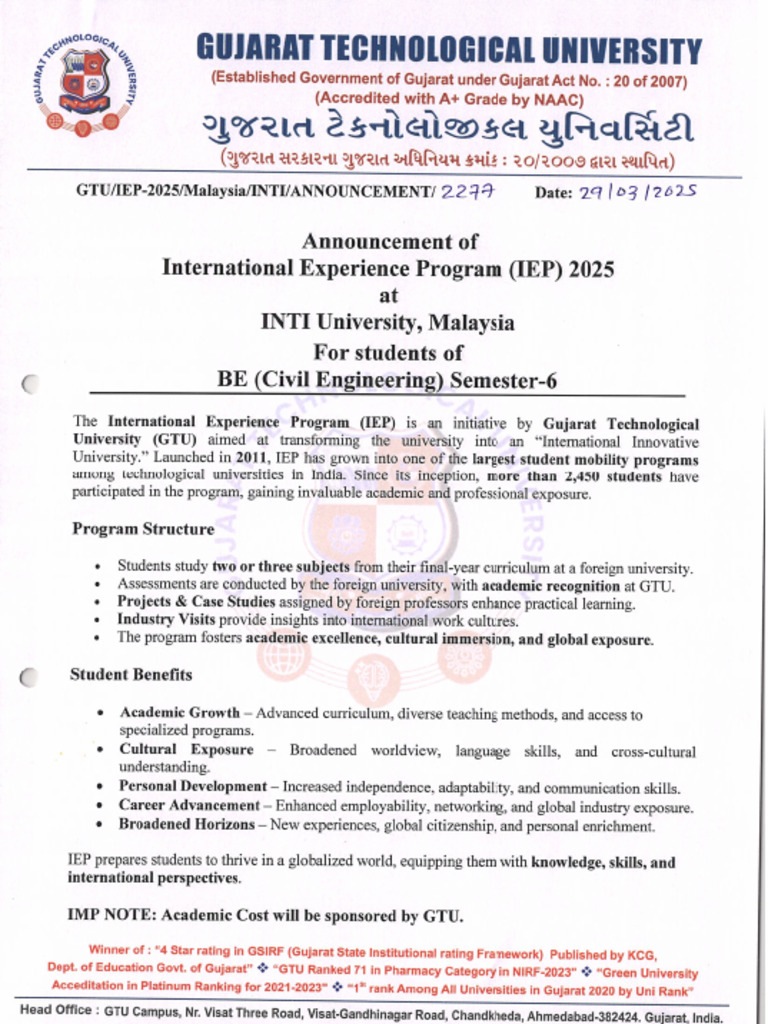 Circular For INTI University, Malaysia For BE Civil Engineering | PDF