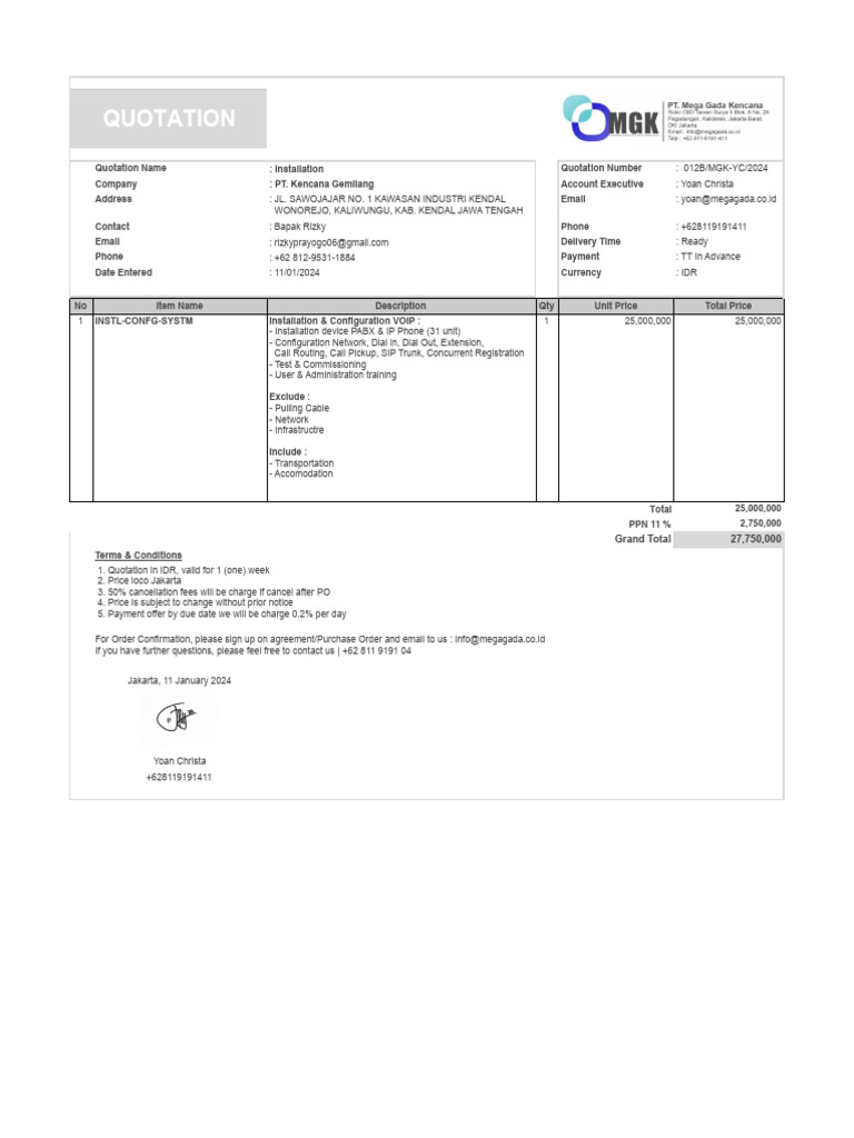 Q-YC-MGK-2024 - 012B - PT Kencana Gemilang - Installasi | PDF ...