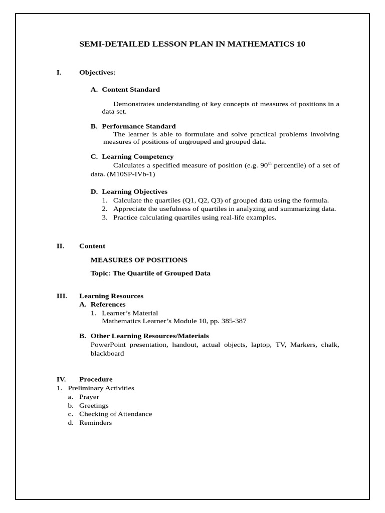 Semi-Detailed Lesson Plan in Math 10 | PDF | Quartile | Learning