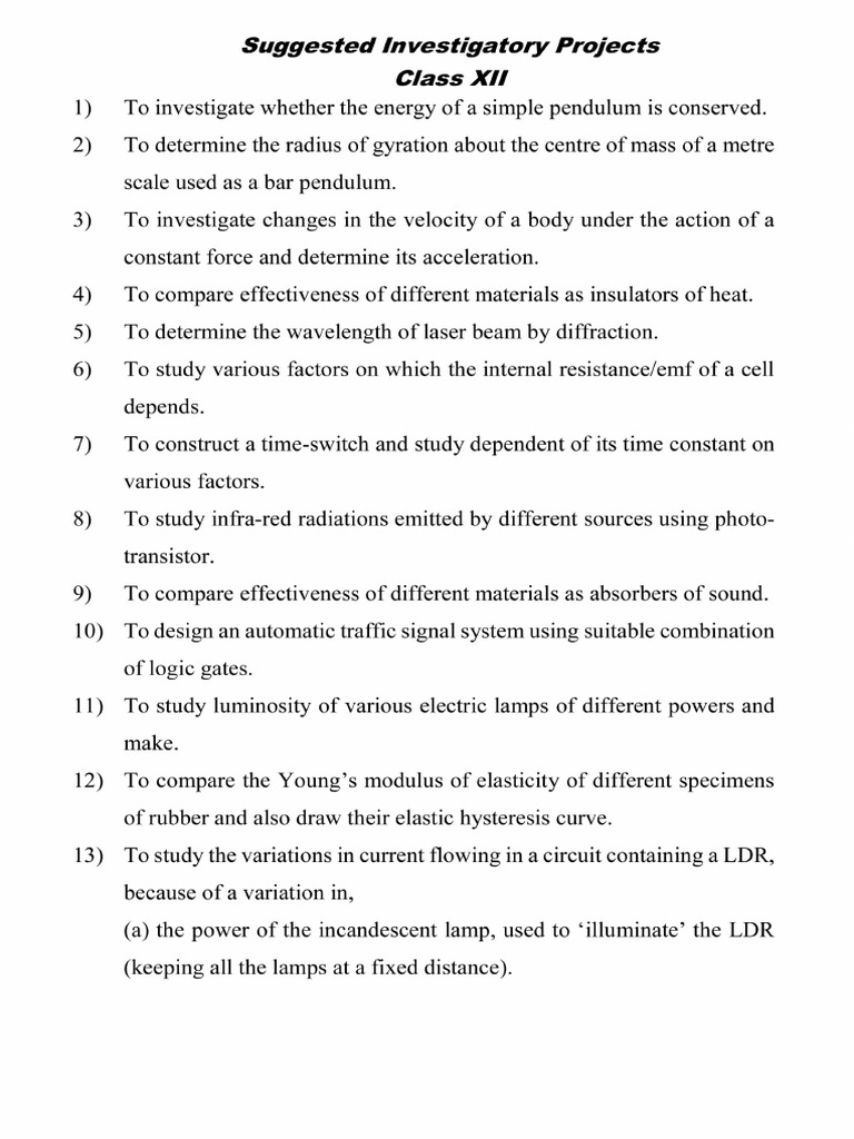 Suggested Investigatory Projects Class XII | PDF