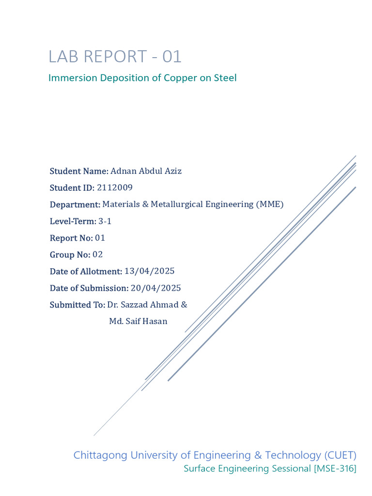 Immersion Deposition of Copper On Steel (Lab Report) | PDF | Redox | Metals