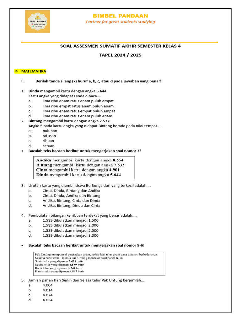 Soal Asas Ganjil Kelas 4 SD 2024 - 2025 | PDF