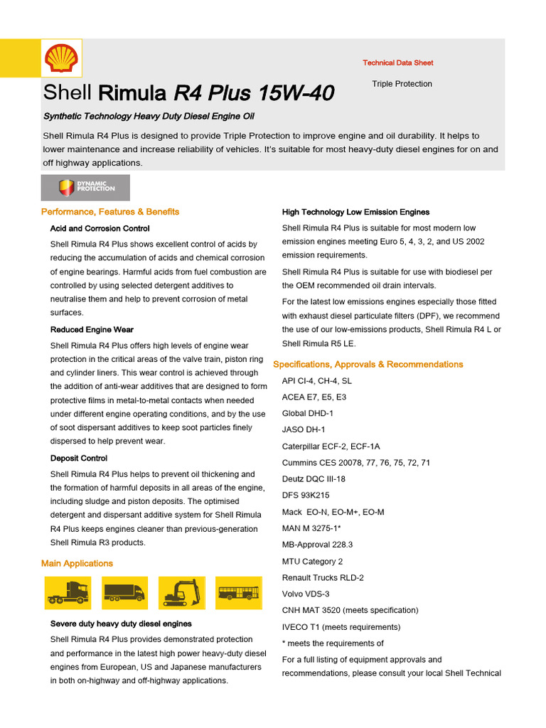 Shell Rimula R4 Plus 15W-40 TDS | PDF | Exhaust Gas | Engines