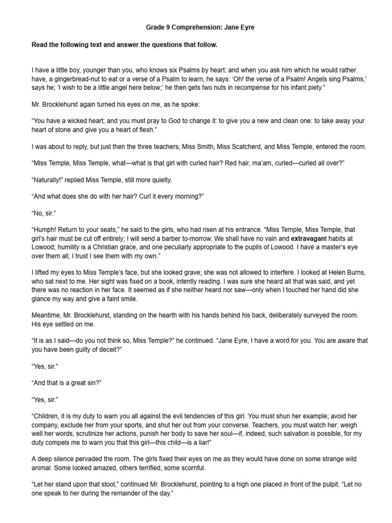 Grade 9 Comprehension - Jane Eyre | PDF | Jane Eyre