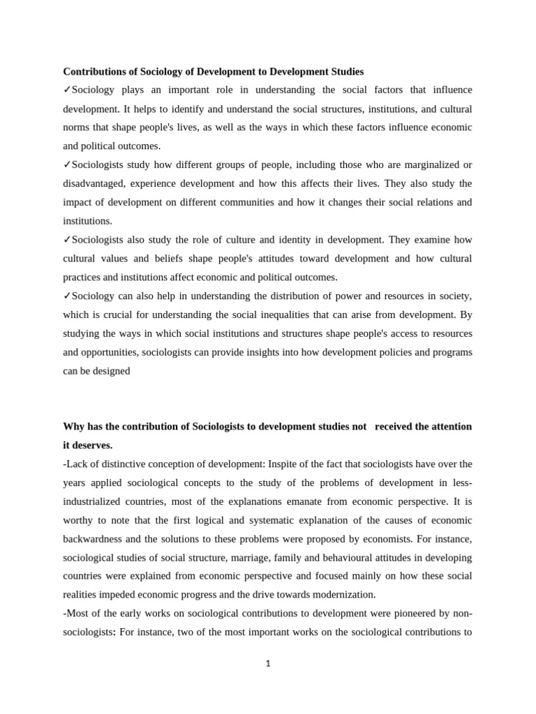 Contributions of Sociology of Development To Development Studies | PDF ...