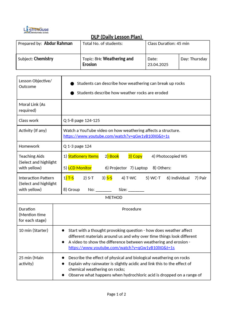 Chemistry Lesson Plan: Weathering & Erosion | PDF | Erosion | Earth ...