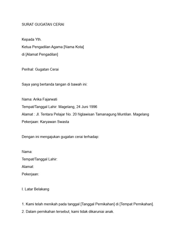 Surat Gugatan Cerai Arika Fajarwati | PDF