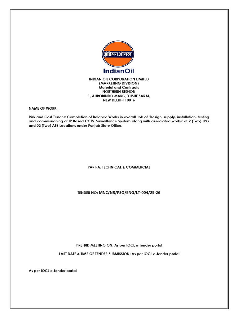 RISK COST Tender CCTV IOCL Punjab | PDF | Auction | Specification ...