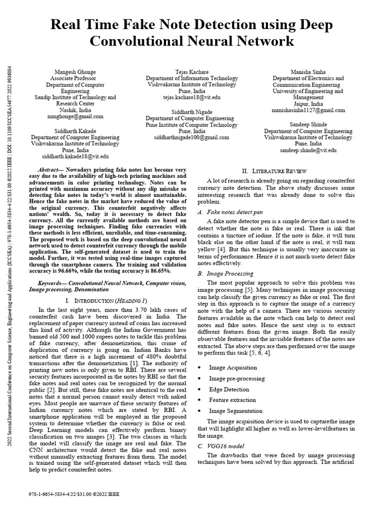 Real Time Fake Note Detection Using Deep Convolutional Neural Network | PDF | Computational ...