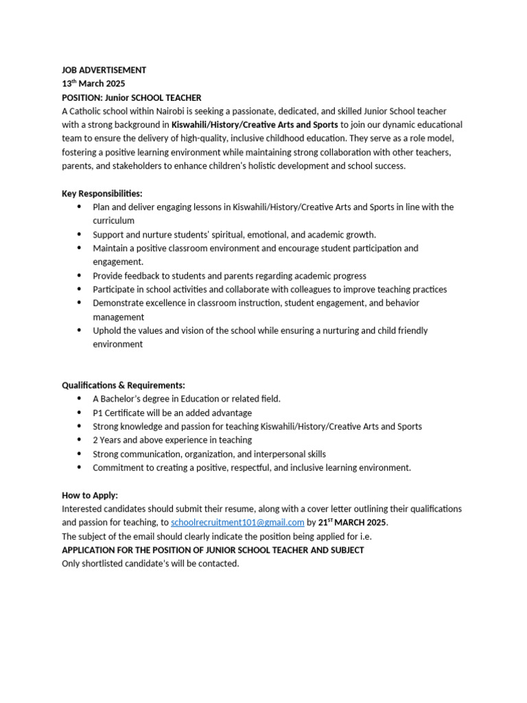 Teachers Job Advert KiswhistC | PDF