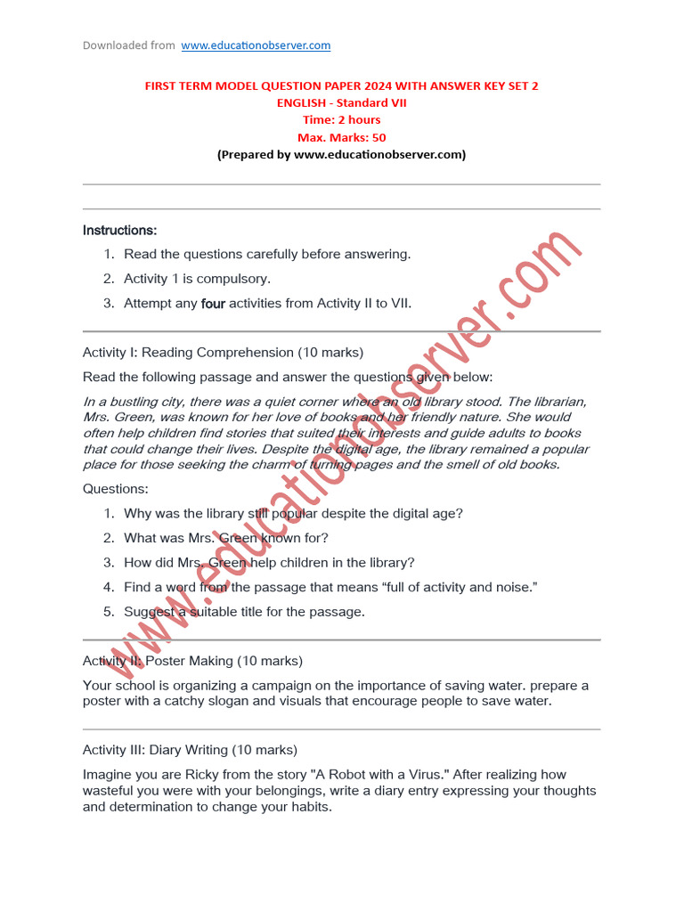 7th English First Term Model Question Paper - English by ...