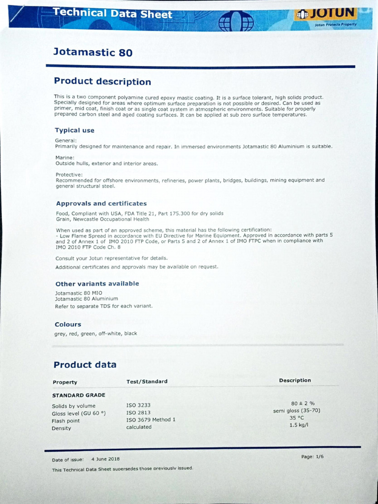 MSDS of Jotamastic 80 | PDF | Coating | Materials