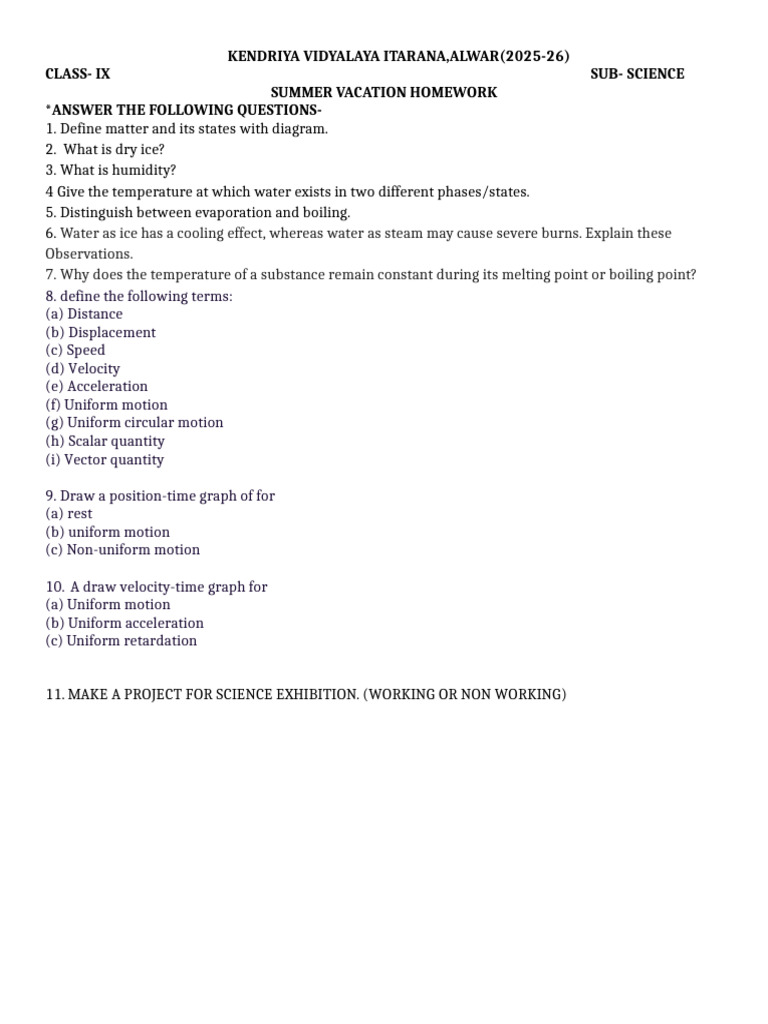 Summer Vacation Science Hw-Ix 2025-26 | PDF
