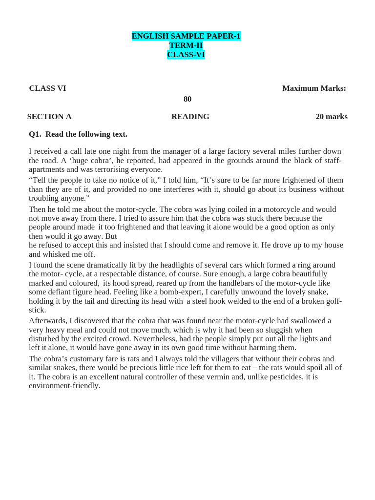 Eng.Sample Paper (1)_VI -Term-II | PDF | Scuba Diving | Underwater Diving