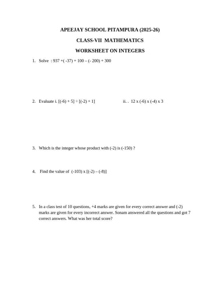 Worksheet On Integers VII | PDF