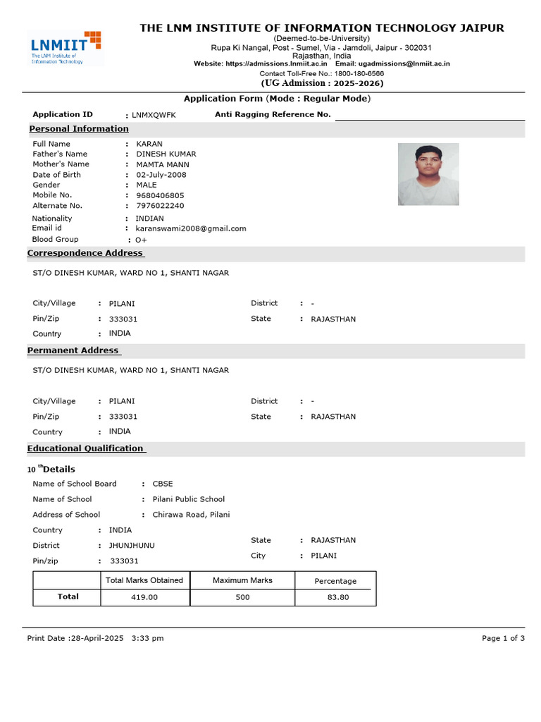 LNMIIT Application Form | PDF