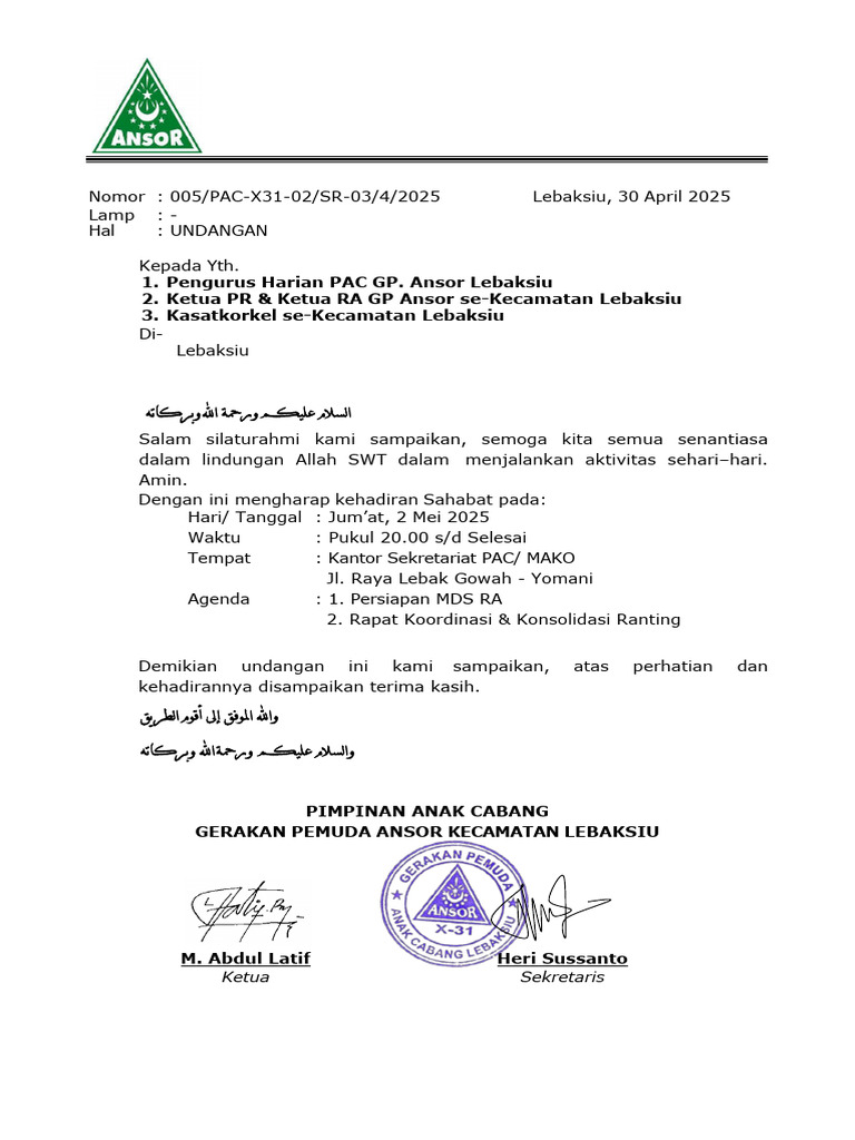 Undangan Rapat GP Ansor Lebaksiu | PDF