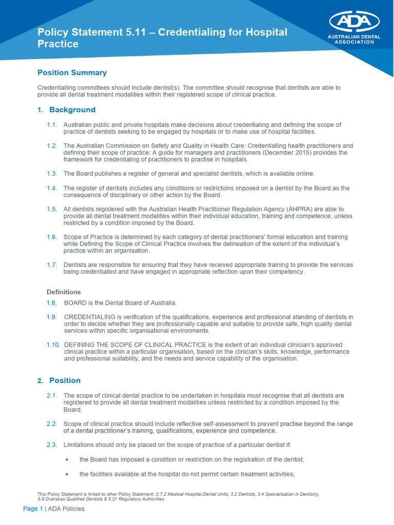 Ada Policy 5-11 Credentialing | PDF | Dentist | Dentistry