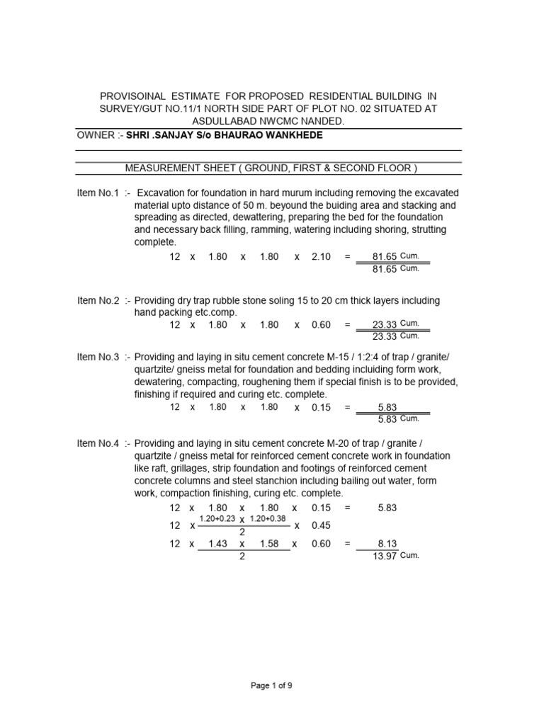 Wankhede Measurement Sheet | PDF | Concrete | Foundation (Engineering)