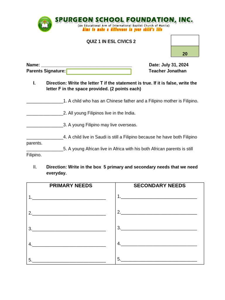 QUIZ 1- ESL_CIVICS_2 | PDF