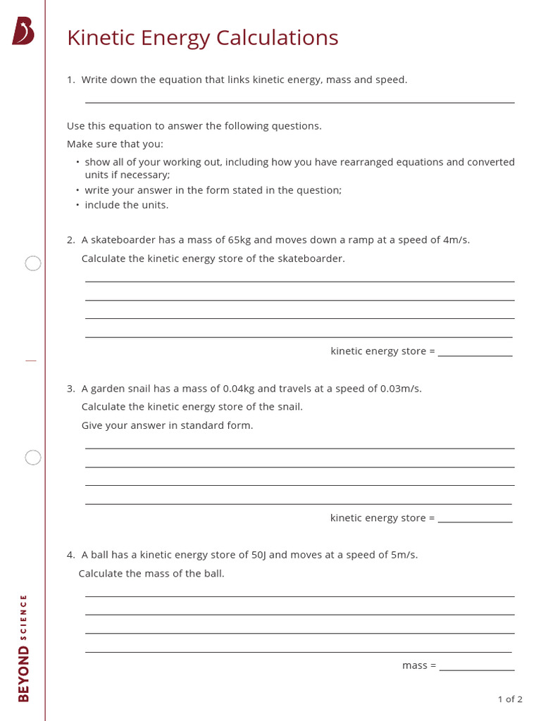 Kinetic Energy Calculations Worksheet | PDF | Mass | Kinetic Energy