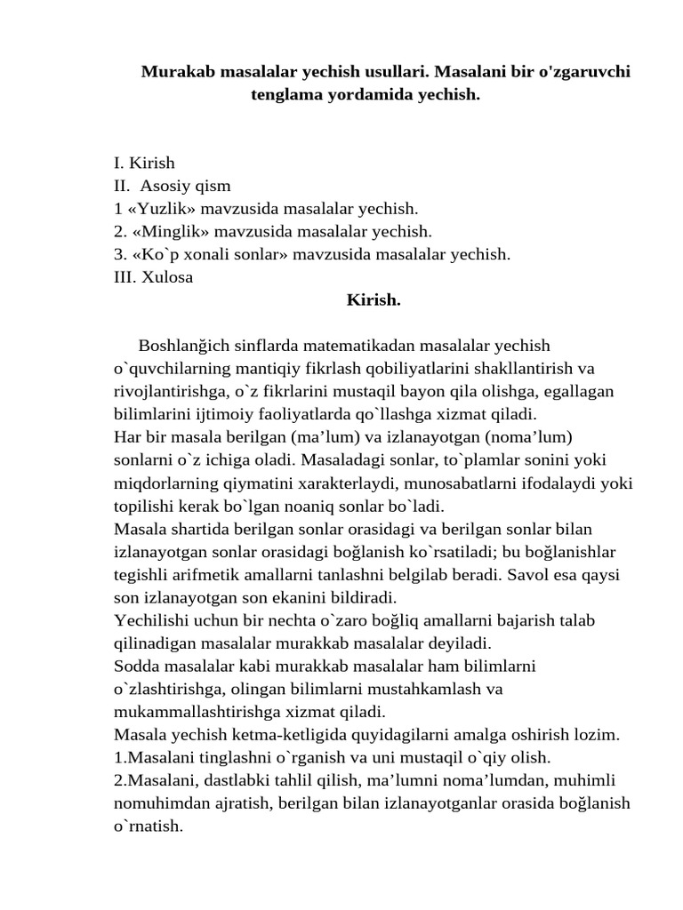 Murakab Masalalar Yechish Usullari. Masalani Bir O'zgaruvchi Ten | PDF