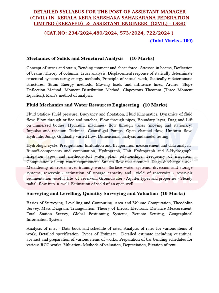 Detailed Syllabus For The Post of Assistant Engineer Civil LSGD | PDF ...