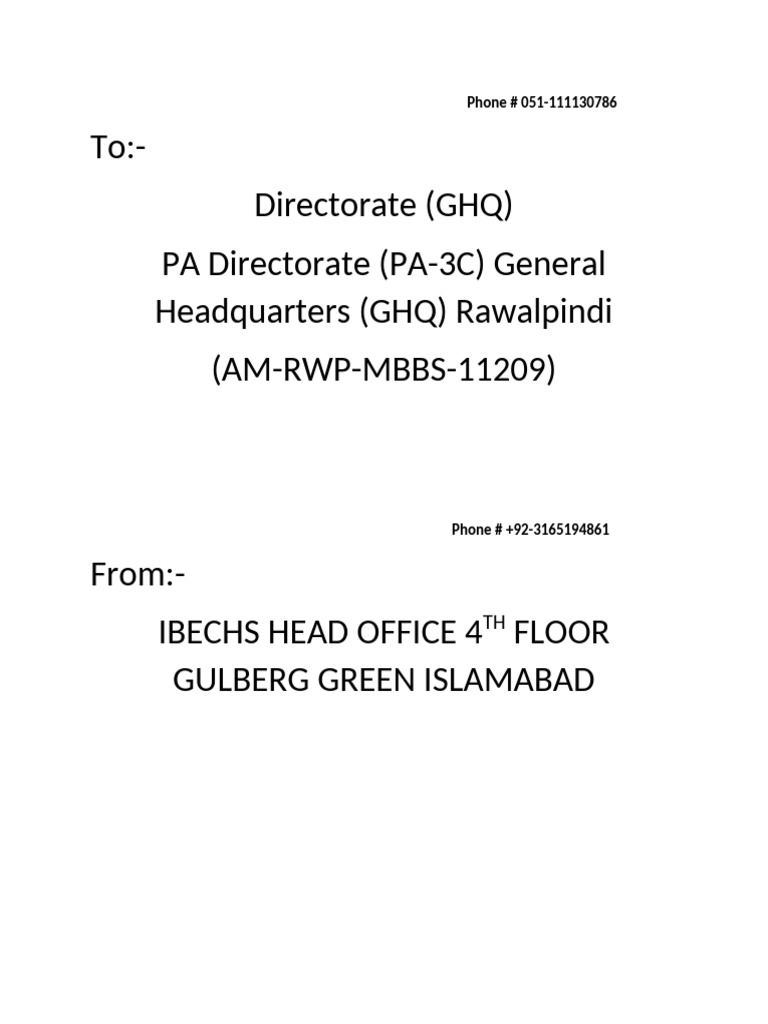 To:-Directorate (GHQ) PA Directorate (PA-3C) General Headquarters (GHQ ...