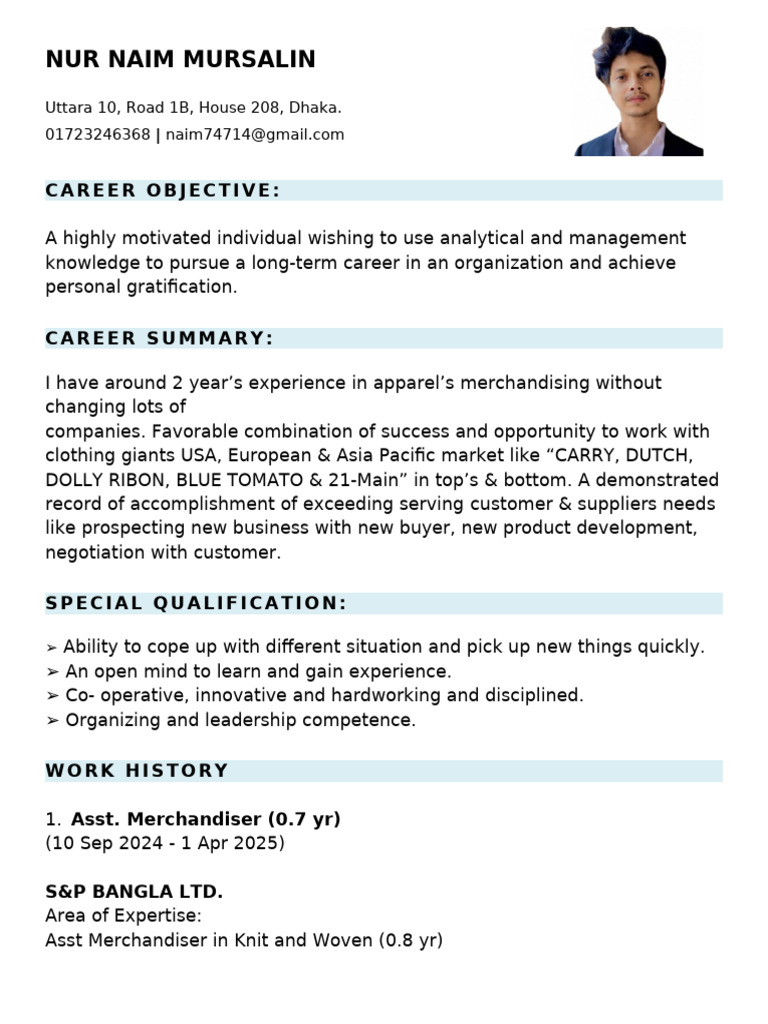 CV of NUR NAIM MURSALIN | PDF | Knitting | Clothing