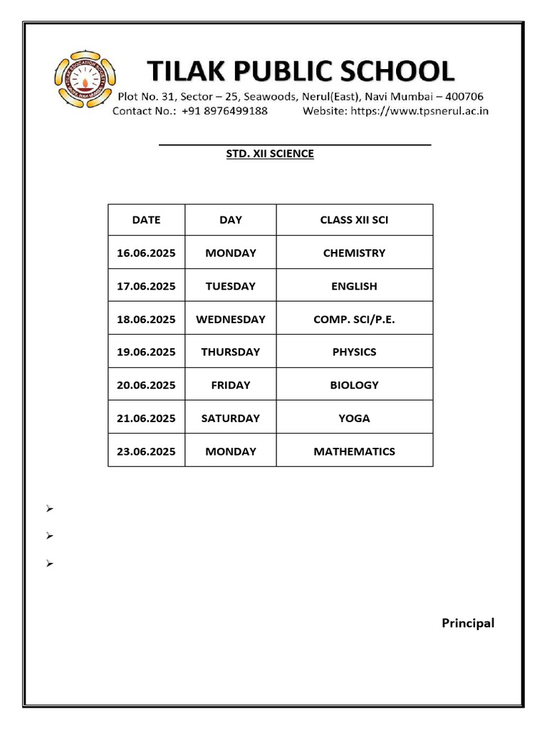 Xii Science Unit 1 Exam Time Table | PDF