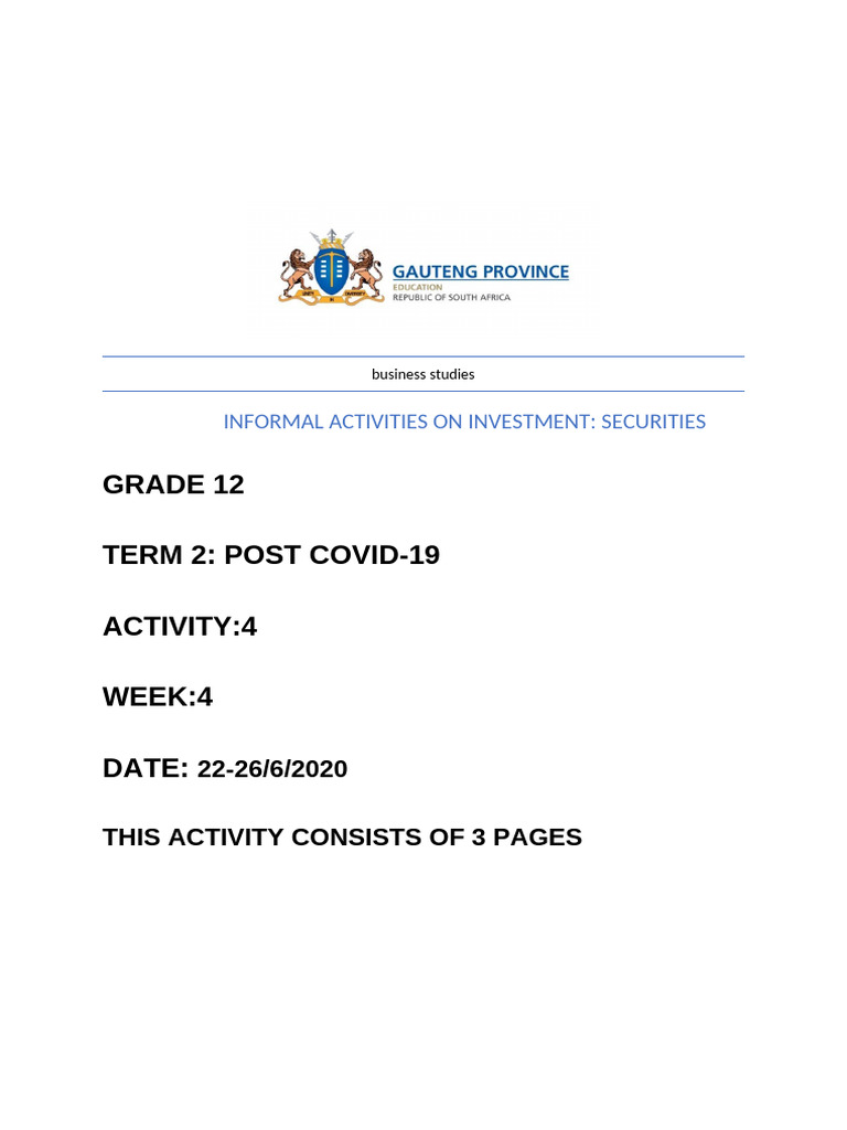 Business Studies Grade 12 Activity 4 - Securities Post Covid - 1 | PDF ...